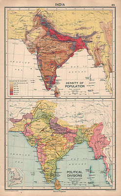 1931 MAP ~ INDIA POPULATION ~ POLITICAL DIVISIONS MADRAS BOMBAY BENGAL ...