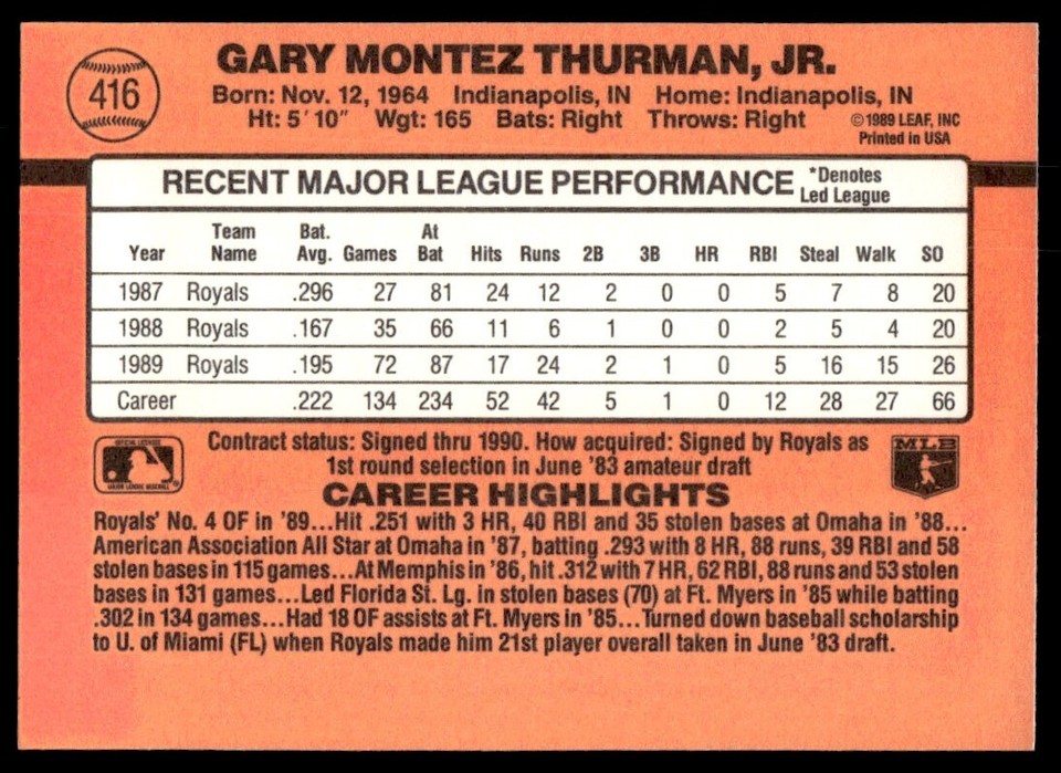 1990 Donruss Baseball Card Gary Thurman Kansas City Royals #416 | eBay