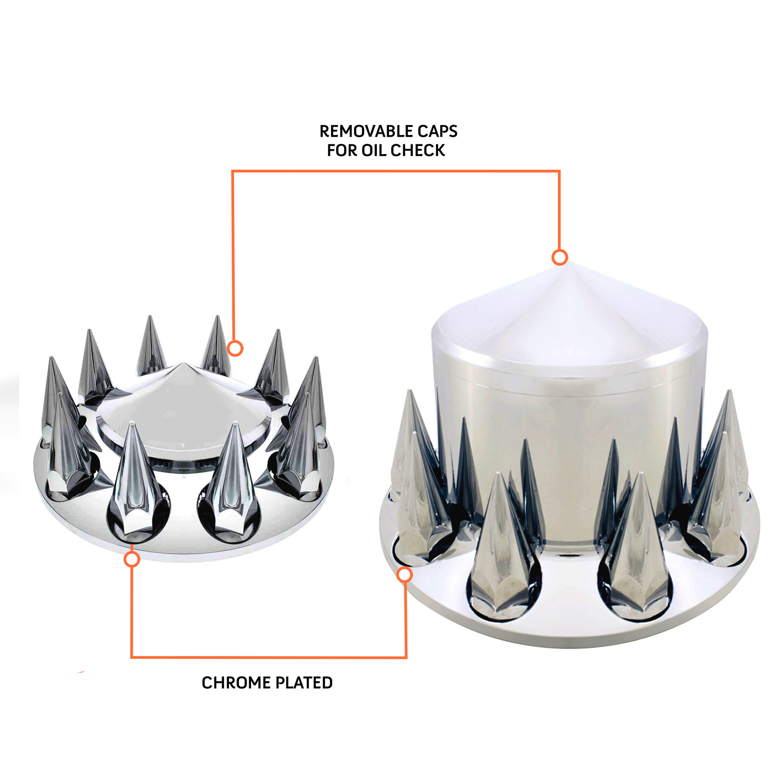 Chrome Semi Truck Wheel Axle Covers Spiked Center Hub Caps w/ 33mm Lug ...