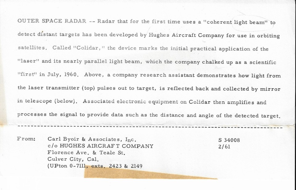 OUTER SPACE RADAR " COLIDAR" FOR USE IN SATELLITES 8" X 10" B/W ...
