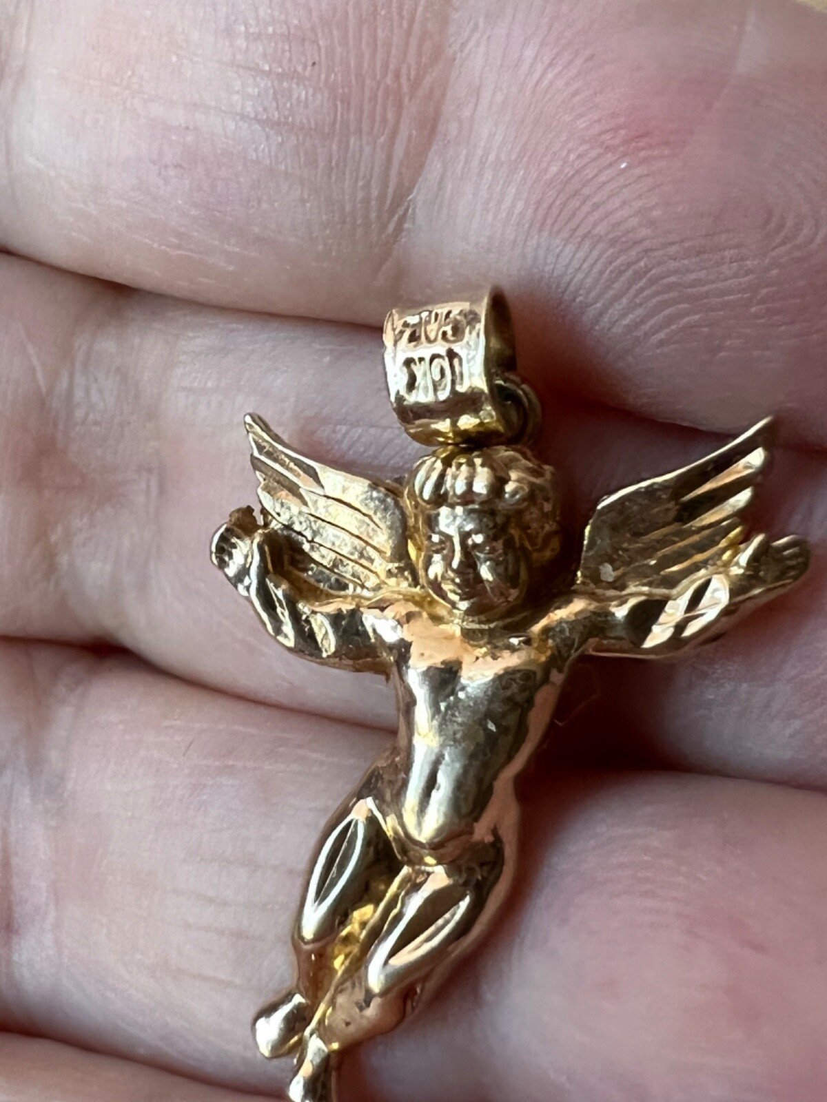 10K YELLOW GOLD CHERUB GUARDIAN ANGEL PENDANT NECKLAC… - Gem