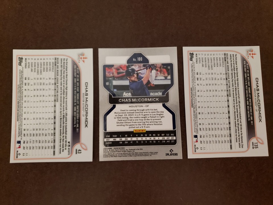 3 CHAS McCORMICK RC CARDS 2022 Topps Chrome #43 + PAPER #135 + PRIZM ...