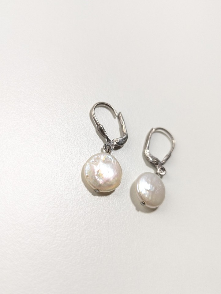 Sterling Silver 925 White Pearl Lever Earrings Dangle 2.1g | eBay