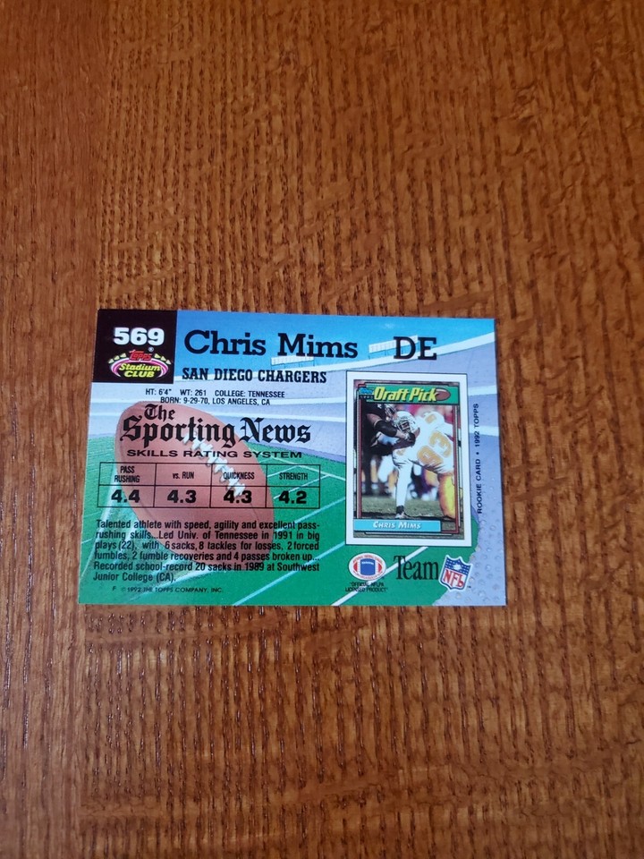1992 Topps Stadium Club Football Card Chris Mims San Diego Chargers ...