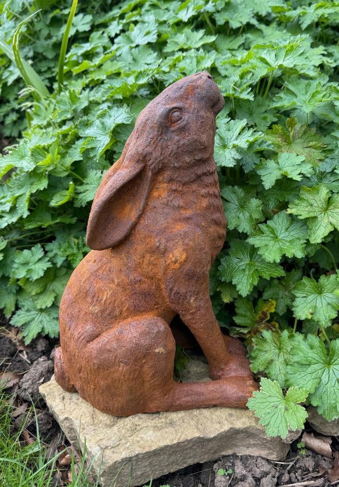 Cast Iron Moon Gazing Hare Rabbit - Outdoor Garden Statue Ornament ...