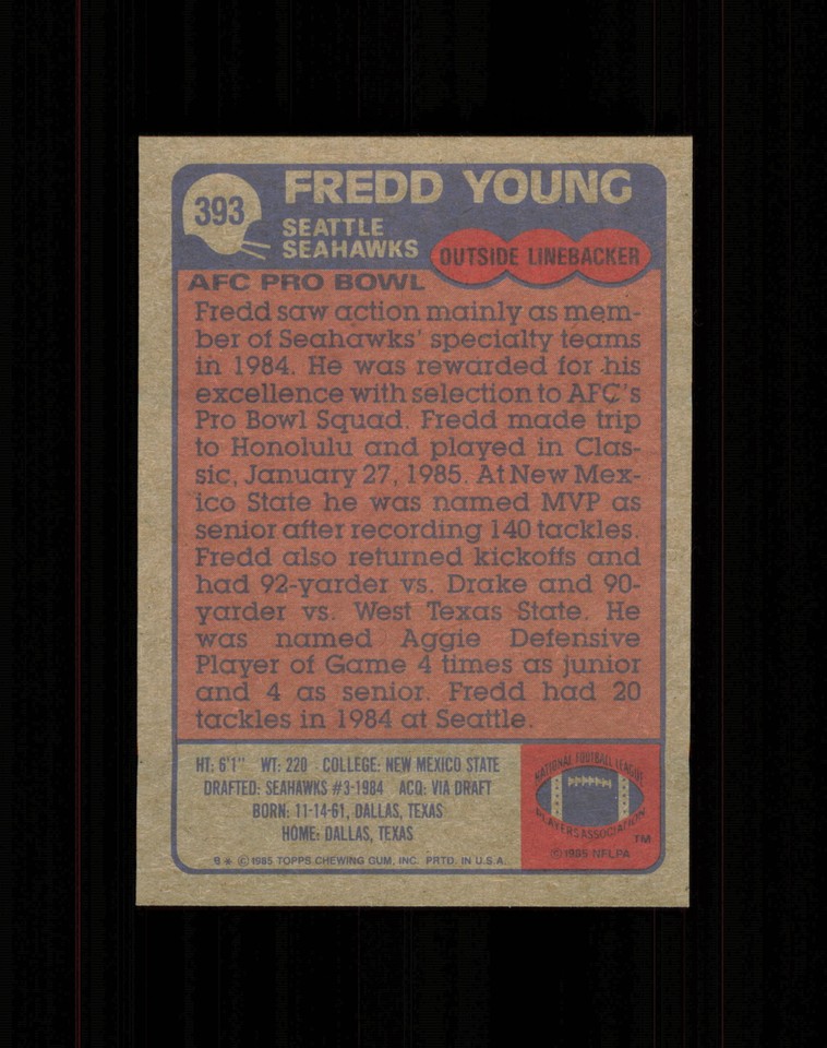 1985 Topps Football #393 Fredd Young RC Seattle Seahawks | eBay