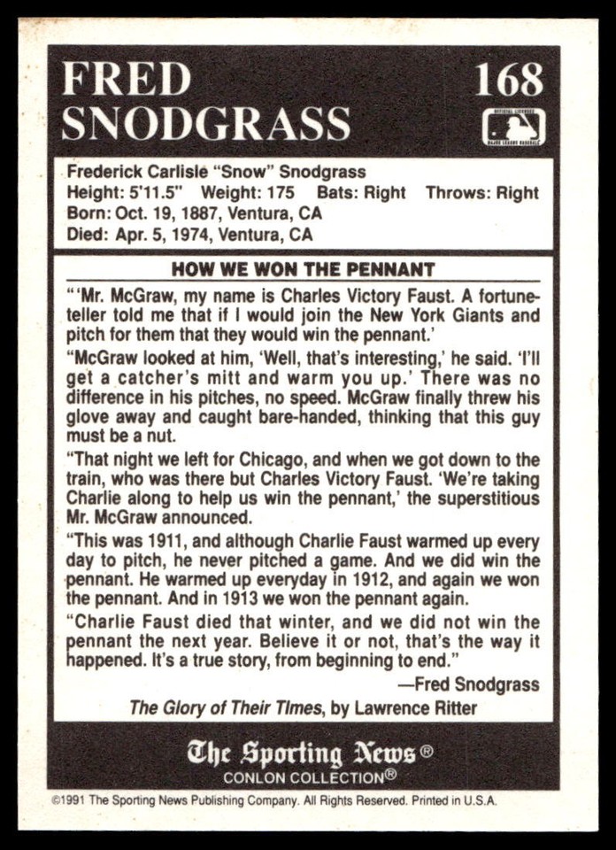 1991 Conlon Collection TSN 168 Fred Snodgrass Boston Braves Baseball ...