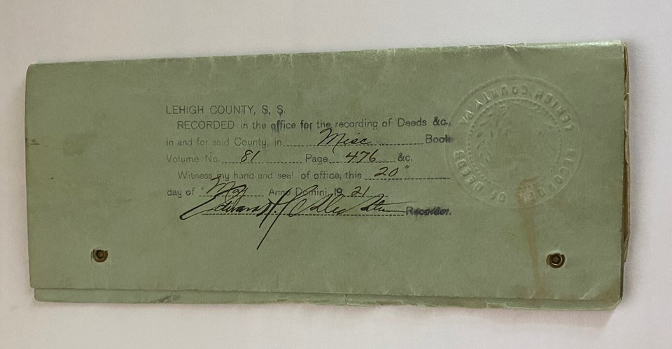 Vintage 1921 Land Deed Borough of Slatington, Lehigh County, PA ...