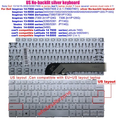 silver No-Backlit Keyboard for Dell Inspiron 7405 2n1 7490 7491 5390 ...