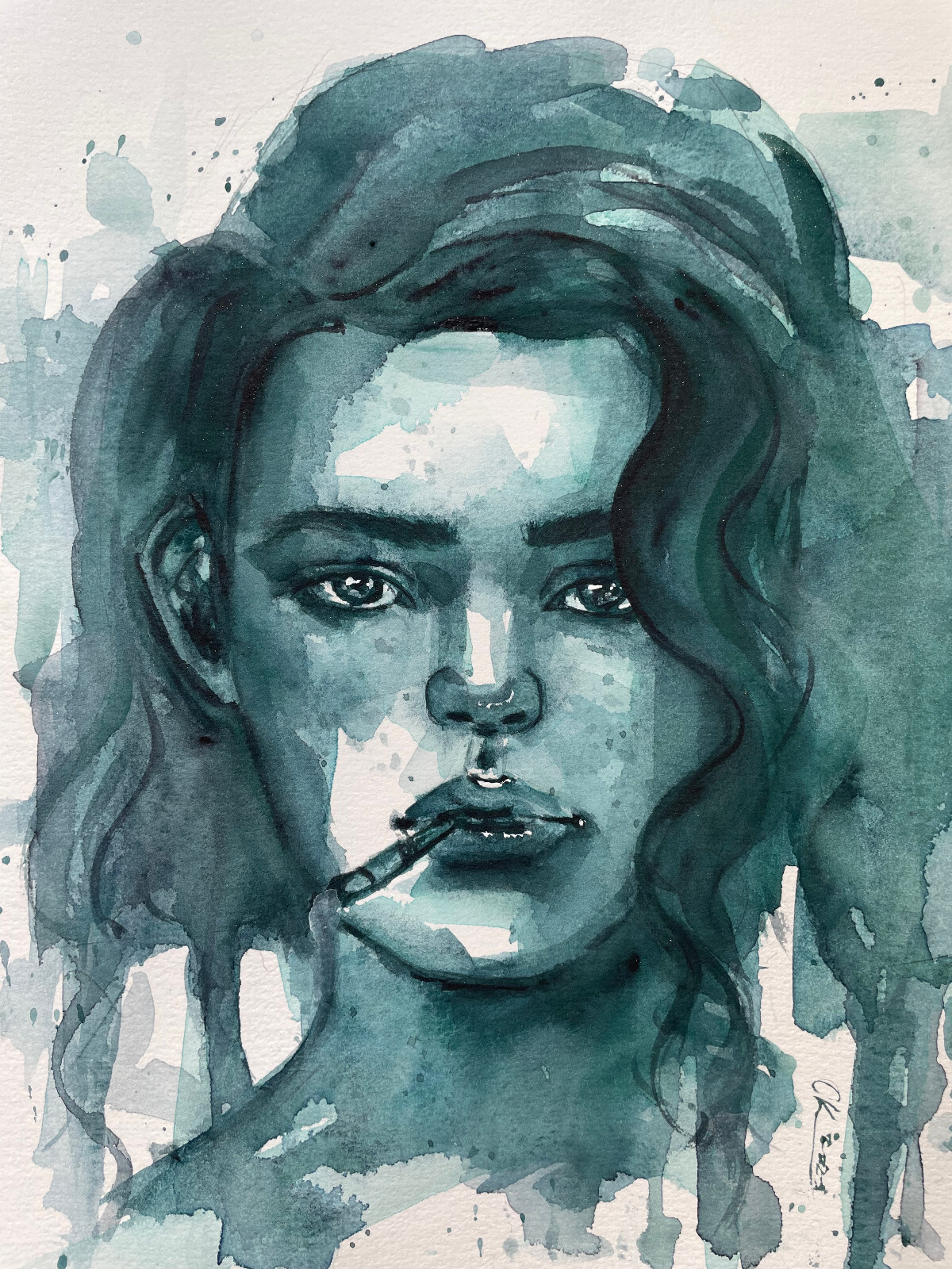 Original Watercolor Painting Portrait Poster "Emerald Girl" Wall Decor ...