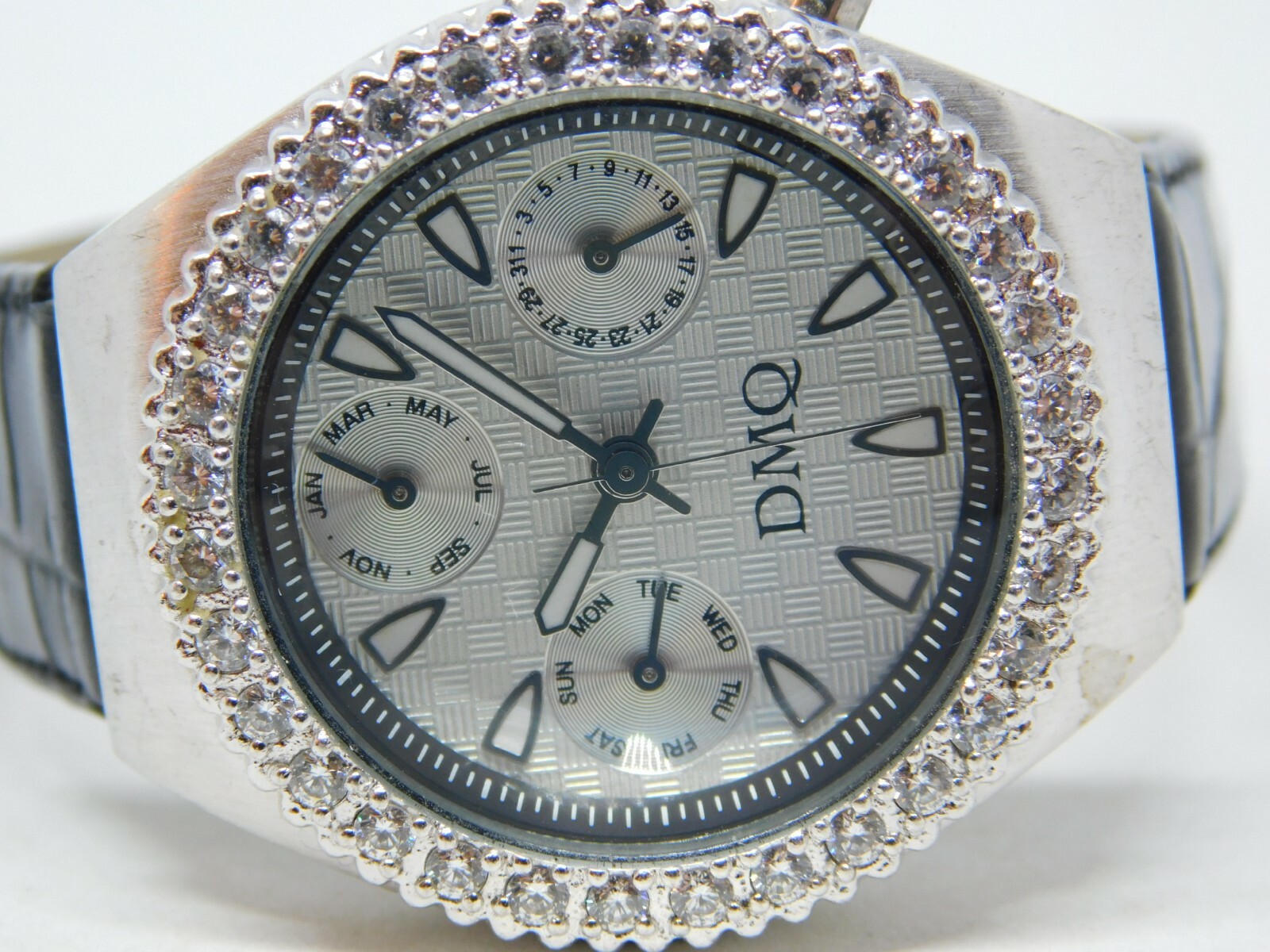 DMQ Diamonique Calendar Day Date Month Crystal Black Leather Watch Dq ...