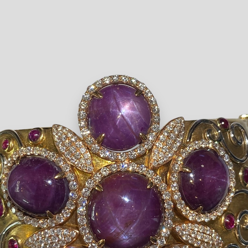 Large Vintage 18k Yellow Gold Ruby Star Flower 5.50ct Diamond Bracelet ...