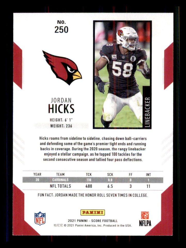 2021 Football 2021 Score Jordan Hicks Arizona Cardinals #250 2 | eBay