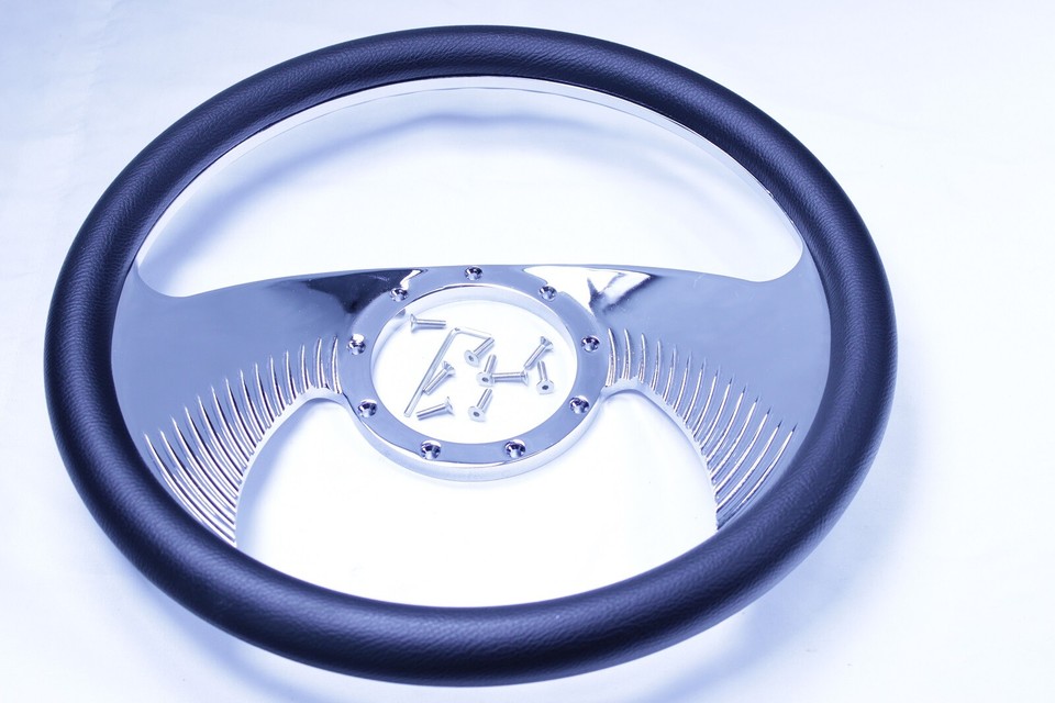 14" Billet Chromed Steering Wheel Wings Style with Black Leather Grip 9 ...