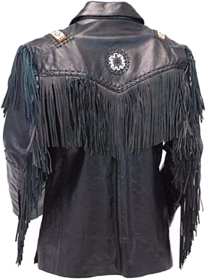 Men Western Cowboy Fringe Jacket Beaded Native American Real Leather ...
