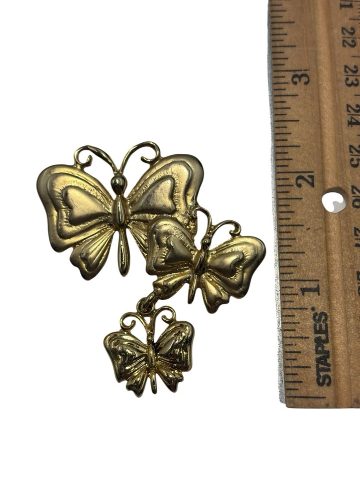 Vintage Gold Tone Three Butterfly Family Dangling Piece Insect Brooch ...