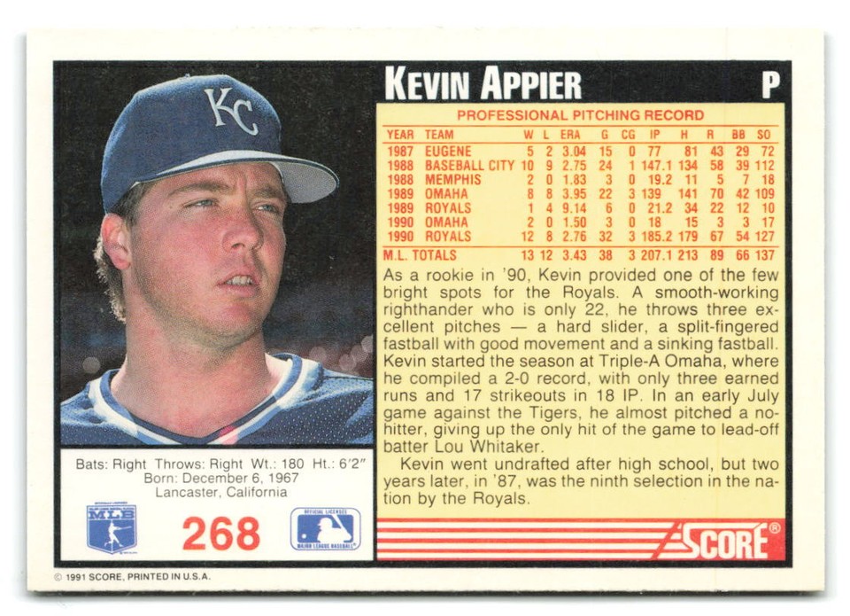 1991 Score Kevin Appier #268 Kansas City Royals BASEBALL Card | eBay