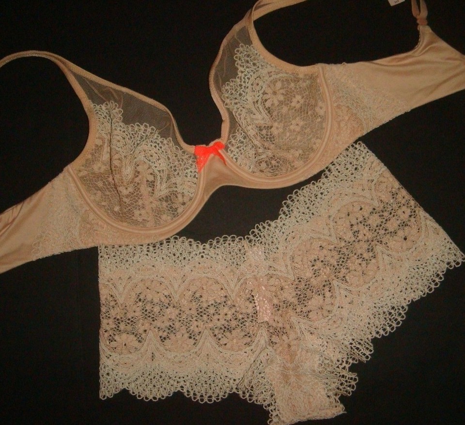 Victoria's Secret unlined 34D BRA SET S,L shortie panty BEIGE white ...