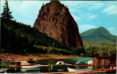 Washington State Beacon Rock Lake Wood Boats Vtg Postcard 2nd Largest ...