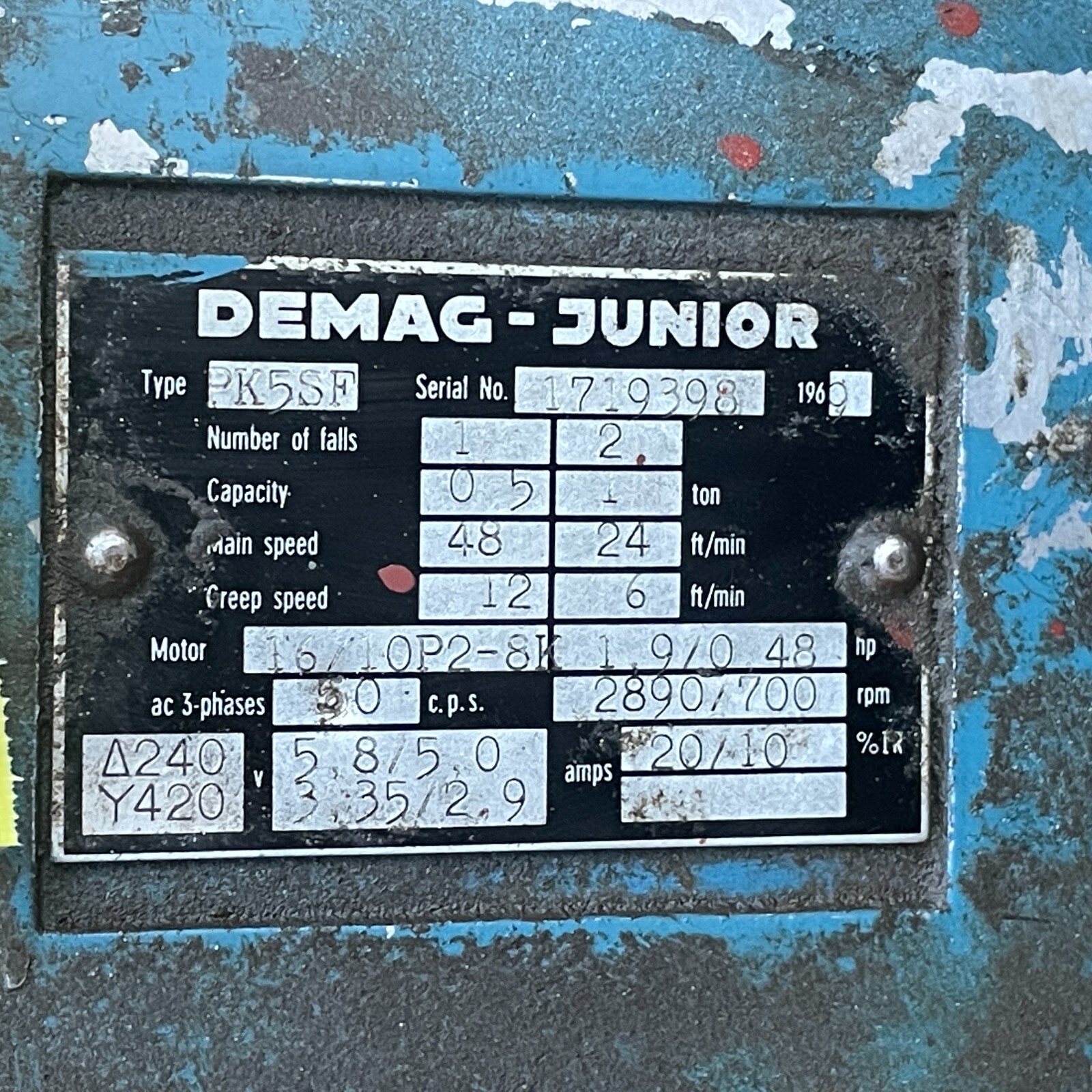 500kg Demag-Junior chain hoist winch crane PK5SF Dual Speed Motor ...