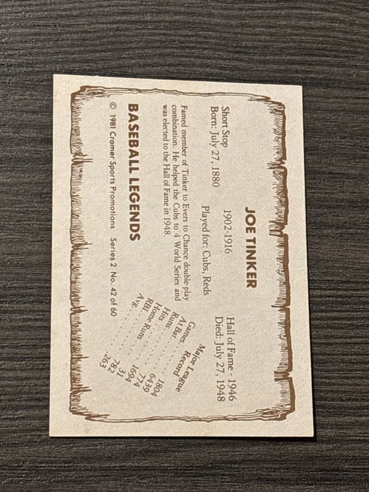 1981 Cramer Baseball Legends Series 2 Joe Tinker #42 Chicago Cubs ...