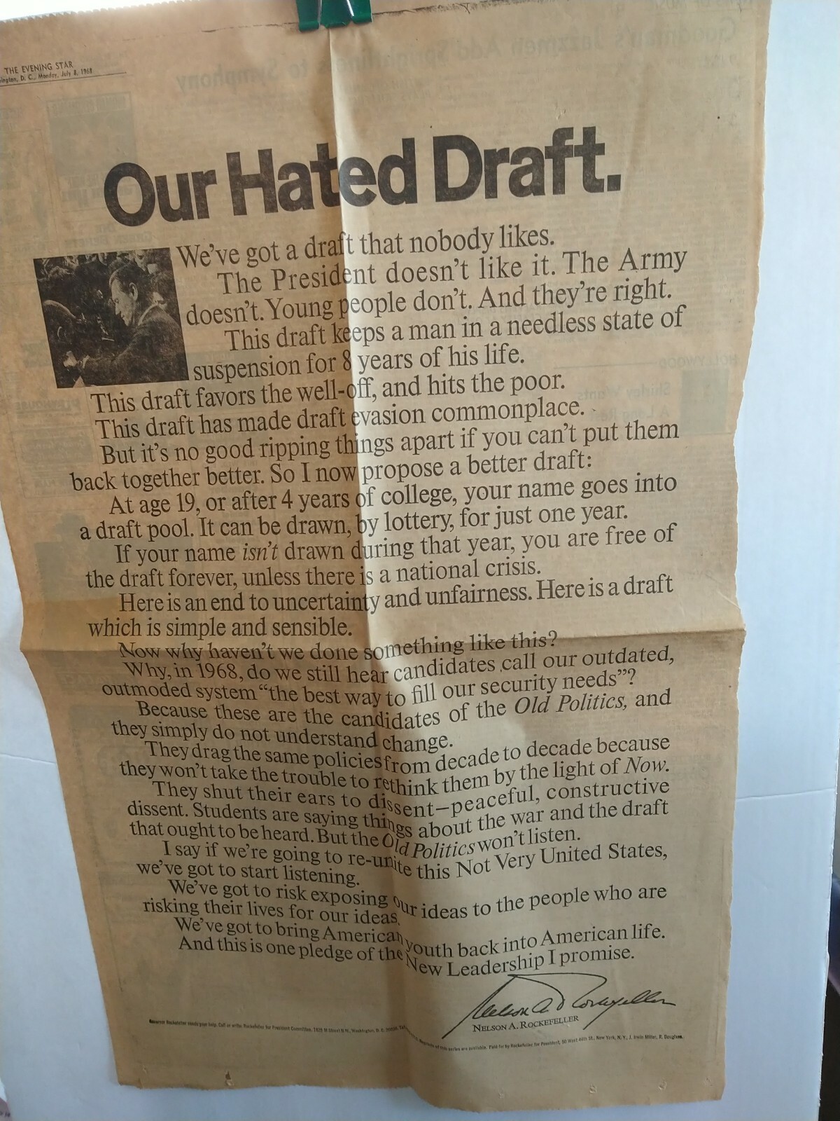 POLITICS (1968) AD: OUR HATED DRAFT (Nelson Rockefeller) Q | eBay