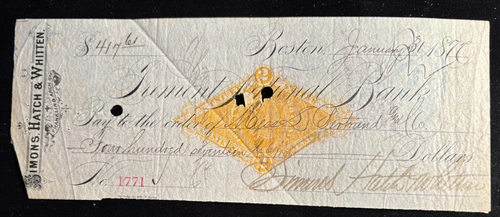 Boston Massachusetts Simons Hatch & Whitten 1877 Check for $417.61 | eBay