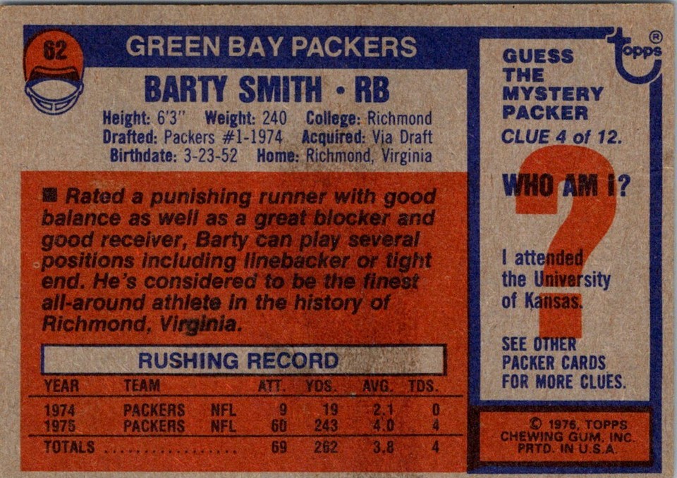 1976 Topps Barty Smith #62 Green Bay Packers Football Card | eBay