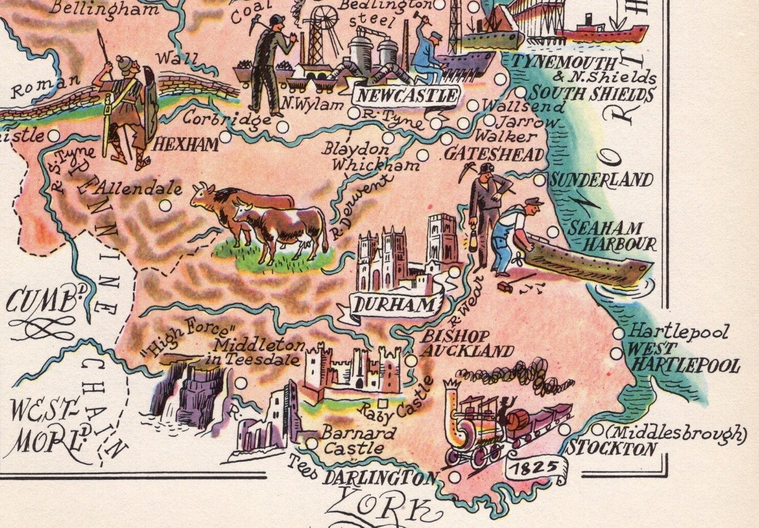 1940s Antique Animated England Map NORTHUMBERLAND England Picture Map ...