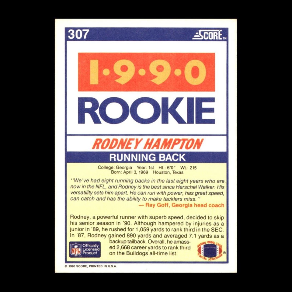 Rodney Hampton 1990 Score Rookie Georgia Bulldogs #307 Set Break GM | eBay