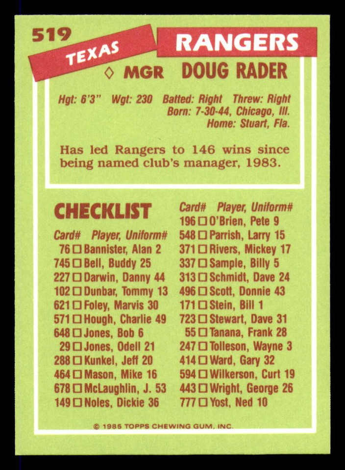 1985 Topps Tiffany #519 Doug Rader NM-Mint Rangers ID:367668 | eBay