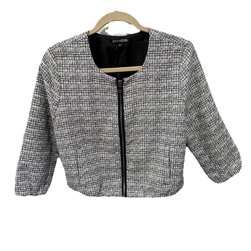Womens Medium Black White Textured Jacket Express Bubble Crop Tweed ...