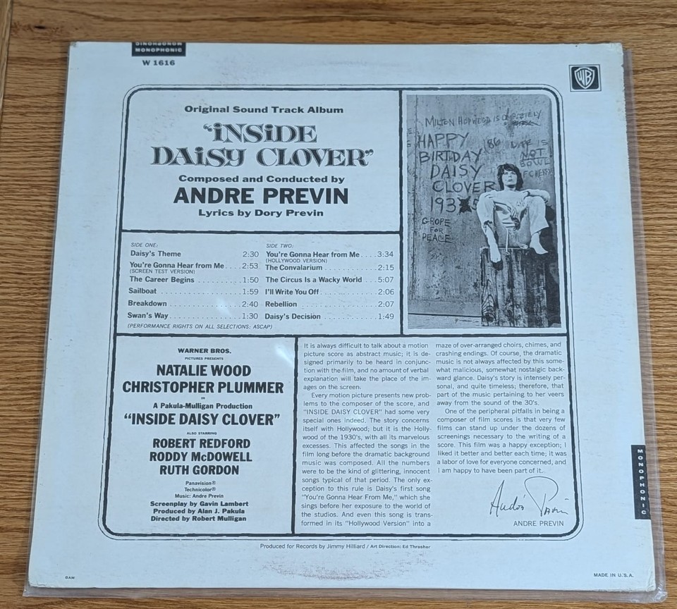 ANDRE PREVIN, DORY PREVIN – INSIDE DAISY CLOVER - SOUNDTRACK - VINYL LP ...