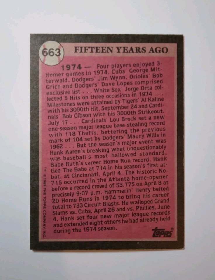 HANK AARON TURN BACK THE CLOCK ALL TIME HOME RUN KING 1989 TOPPS ...