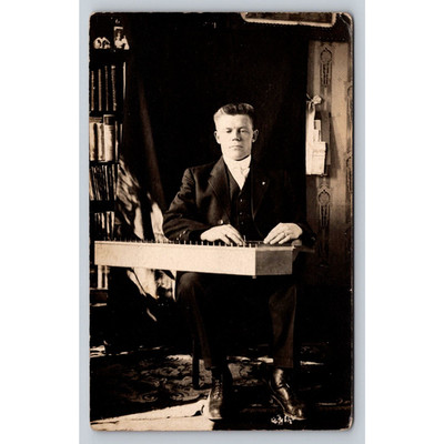 RPPC Old Real Photo AZO Blind Man Plays Large Lap Stringed Wood Music ...