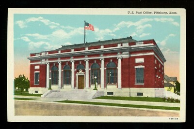 Post Office postcard Kansas KS Pittsburg flag columns globe lights | eBay