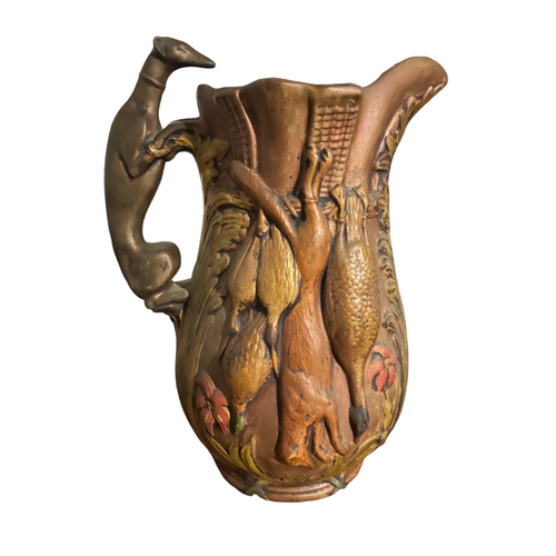 Vintage Majolica Greyhound Handle Large Pitcher Dog Hunting Game Wood ...