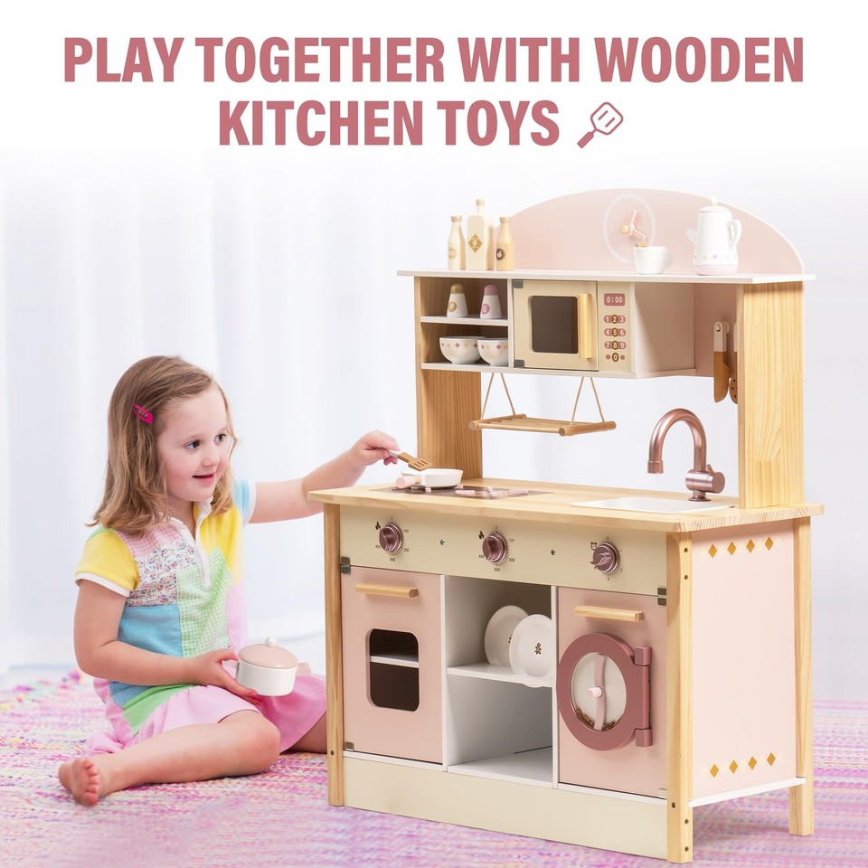 Wooden Play Kitchen Set, Pretend Play Kitchen Set for Kids with ...