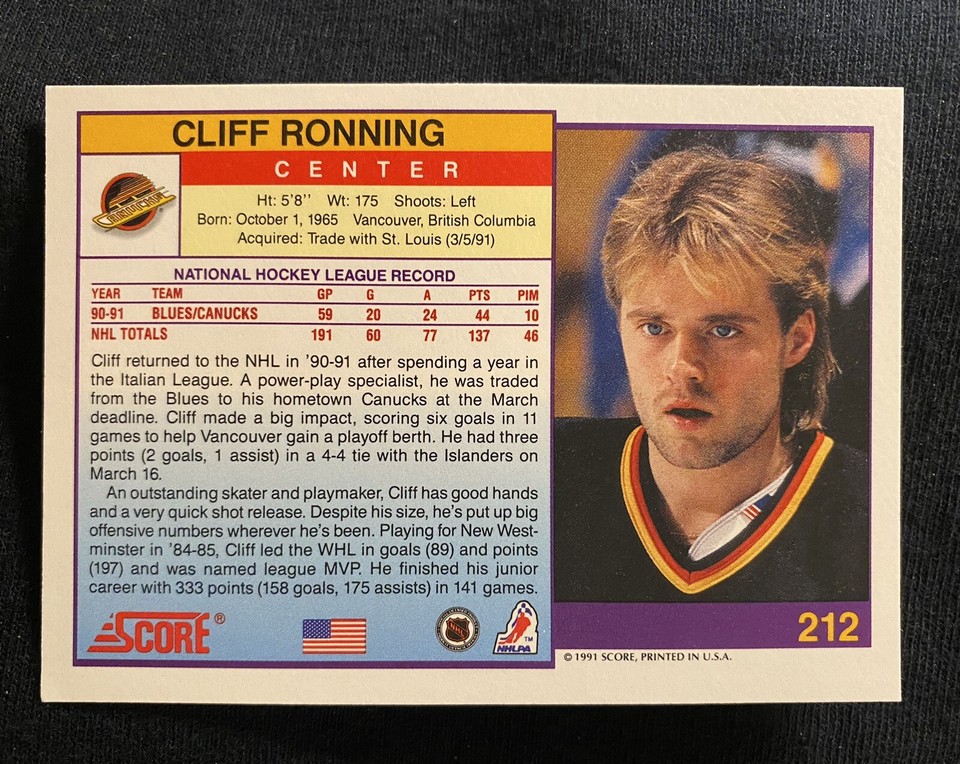 1991 Score Cliff Ronning #212 Vancouver Canucks | eBay