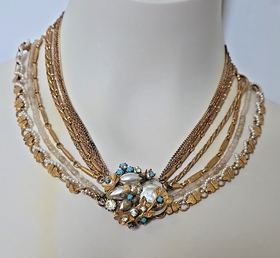 MIRIAM HASKELL Unsigned Gold Gilt Baroque Faux Pearl, Turquoise Crystal ...