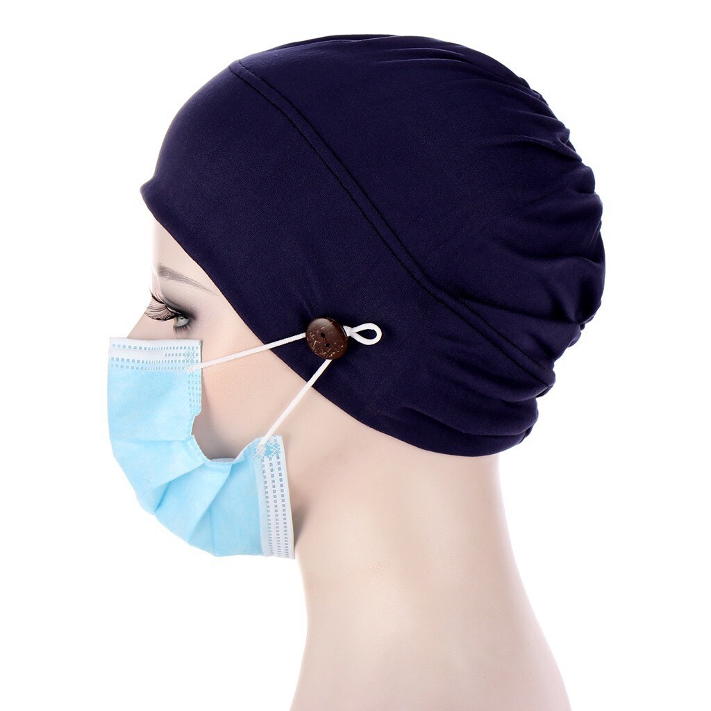 Solid Turban Bonnet Hat Button Headwrap Chemo Cap Hair Loss Headcover ...