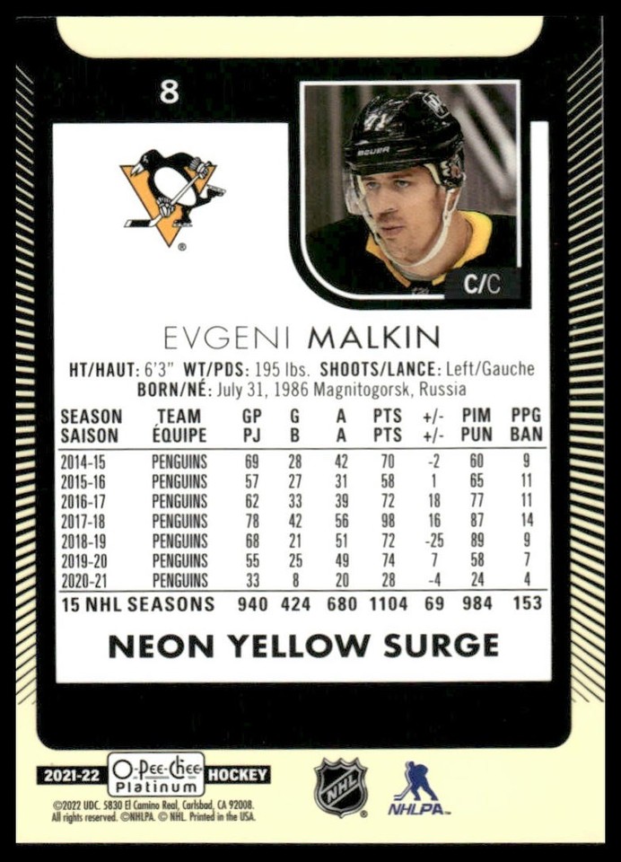2021-22 O-Pee-Chee Platinum #8 Evgeni Malkin Neon Yellow Surge | eBay
