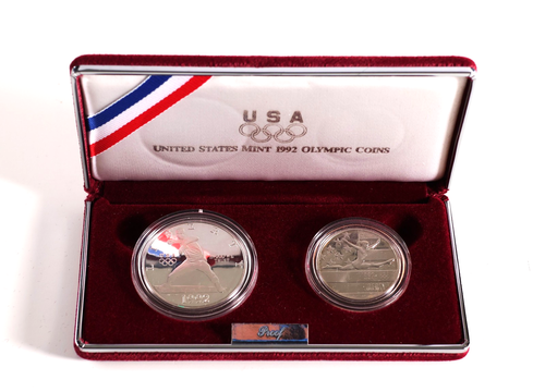 1992 US mint Olympic 2 Coin Set - 90% Silver $1 Coin - COA BRIAN CARON ...