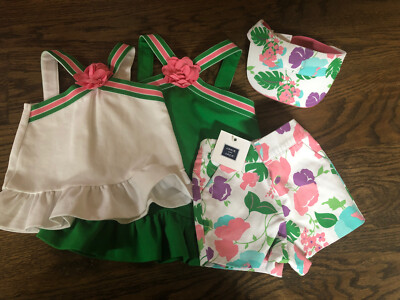 NWT Janie and Jack girl SUMMER green pink Rosette 3-piece floral hat ...