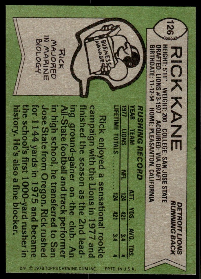 1978 TOPPS RICK KANE K RC DETROIT LIONS #126 | eBay