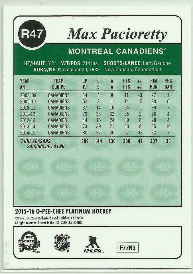 2015-16 O-Pee-Chee Platinum Retro #R47 Max Pacioretty Montreal ...