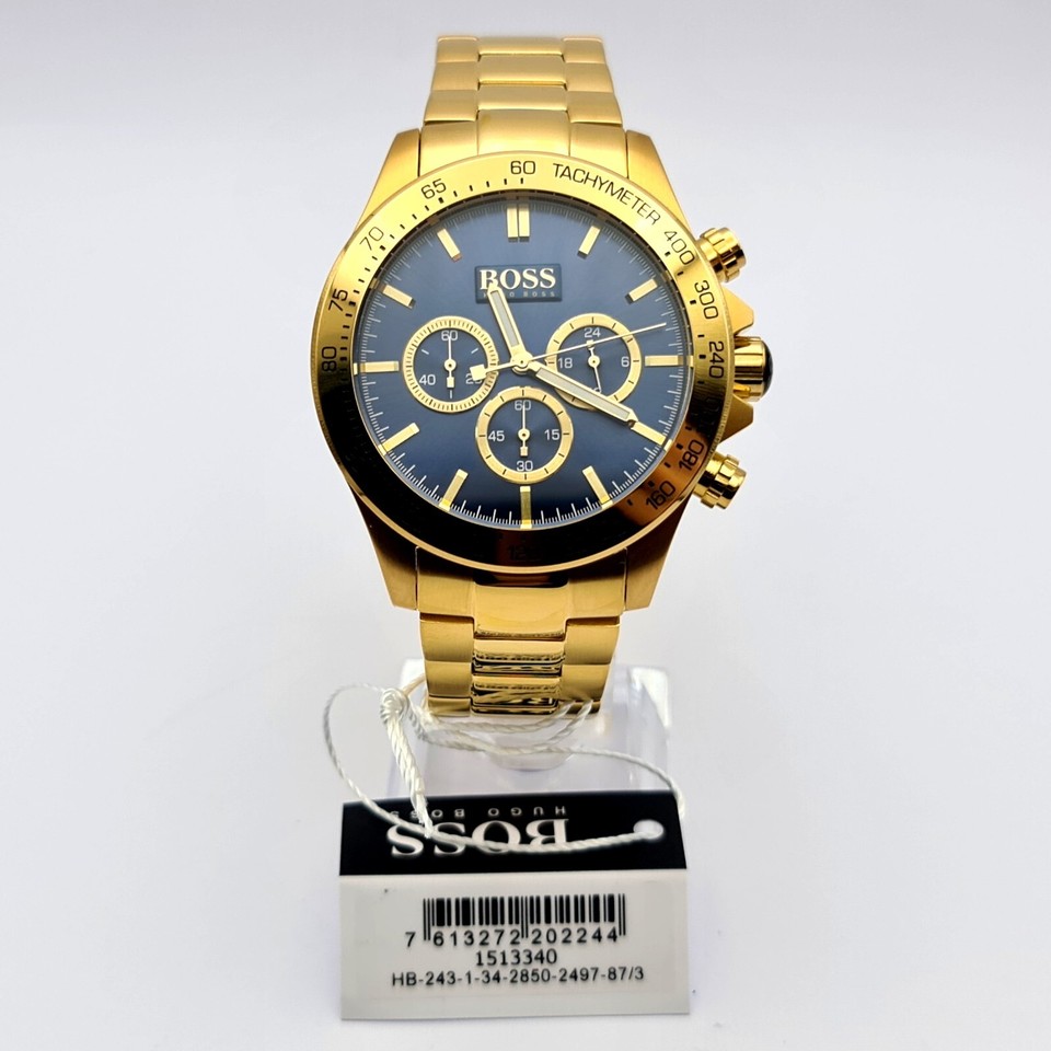 NEW HUGO BOSS 1513340 MENS IKON STEEL GOLD BLUE DIAL CHRONOGRAPH WATCH ...