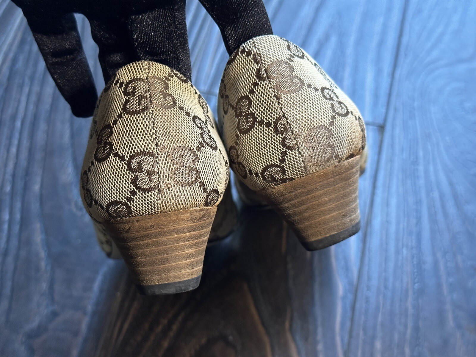 Gucci GG Full Monogram Canvas Heels Metal GG Tan Wood… - Gem