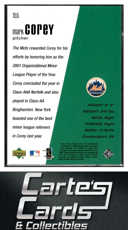 Mark Corey 2002 Upper Deck Diamond Connection #155 New York Mets RC ...