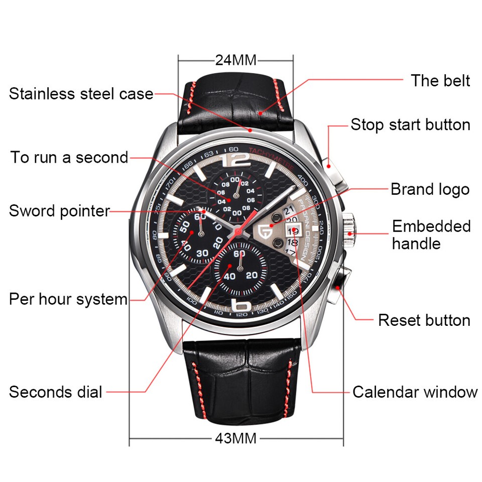 PAGANI DESIGN Genuine Leather Band Chronograph Men Quartz Date Wrist ...